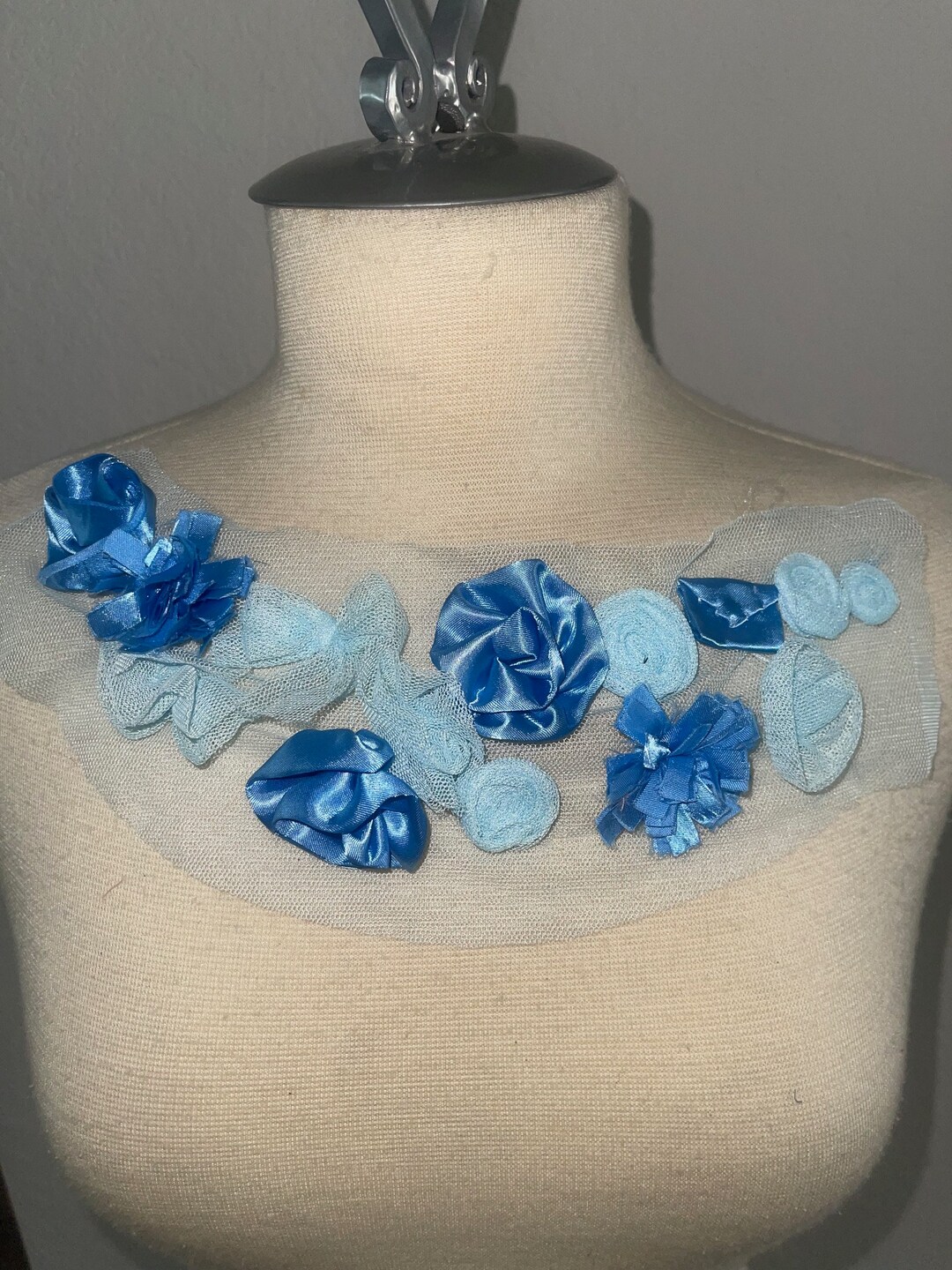 Baby Blue Netting Applique With Blue Satin and Organza Ribbon Roses ...