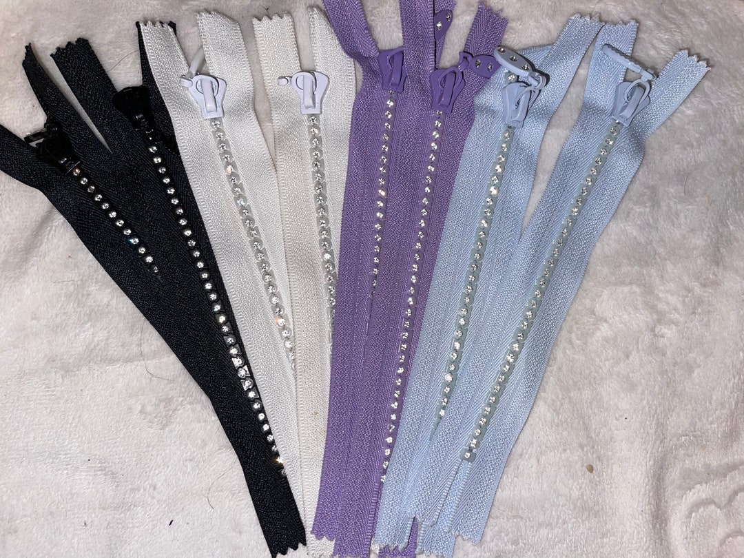 Set of 2 Rhinestone Zippers 6” Long Black White Baby Blue Lavender ...