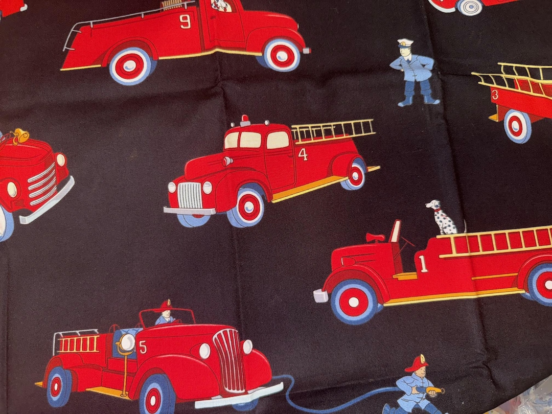3/4 Yard Michael Miller Fire Trucks Fabric – Vintage Style Red Fire ...