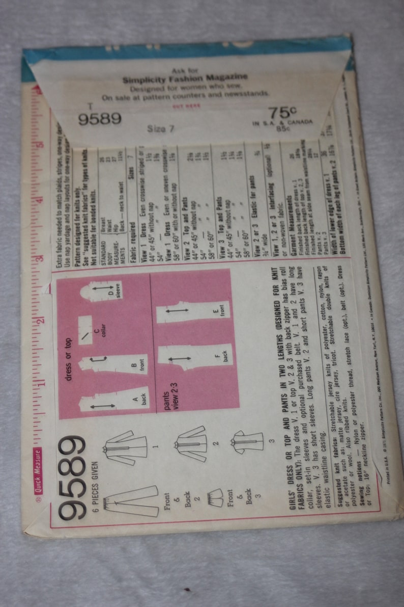 Vintage Simplicity 9589 Sewing Pattern Girls Retro Top Pants | Etsy