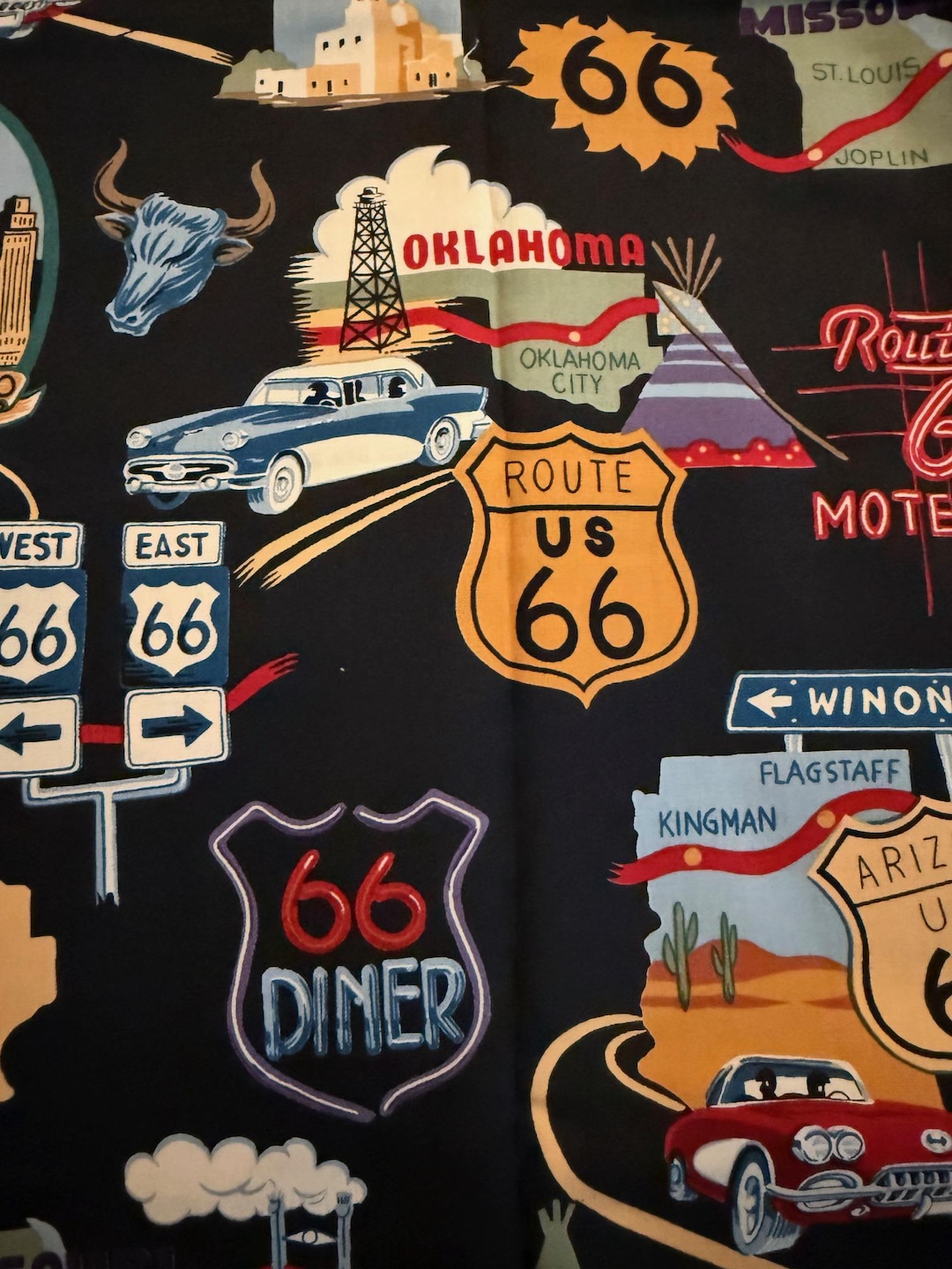 1.5 Yards Black Route 66 Cotton Quilt Fabric Vintage by Alexander Henry ...