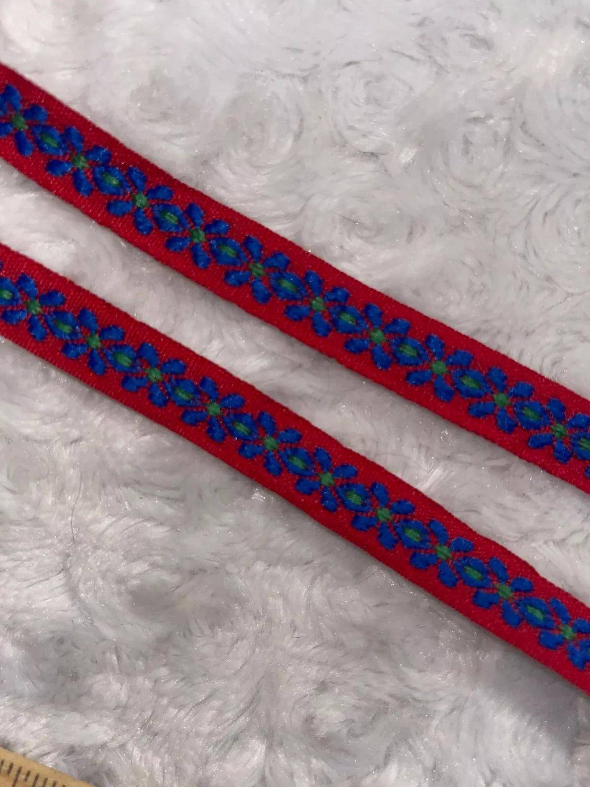 10 Yards RED Blue Green Daisy Daisies Print Woven Jacquard Sewing Trim ...