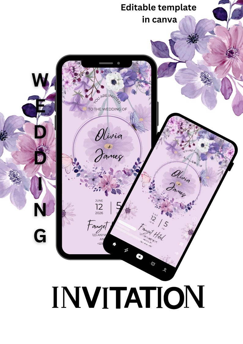 Elegant Purple Floral Wedding Invitation | Save the Date Template ...