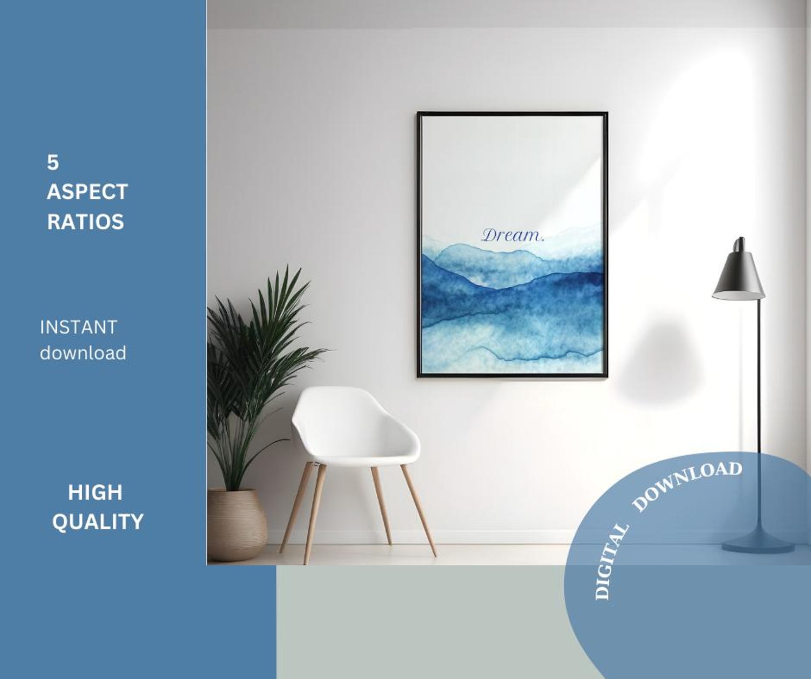 Wall Art Printable, Calm Dark Blue Waves, Dream, Living Room Decor ...
