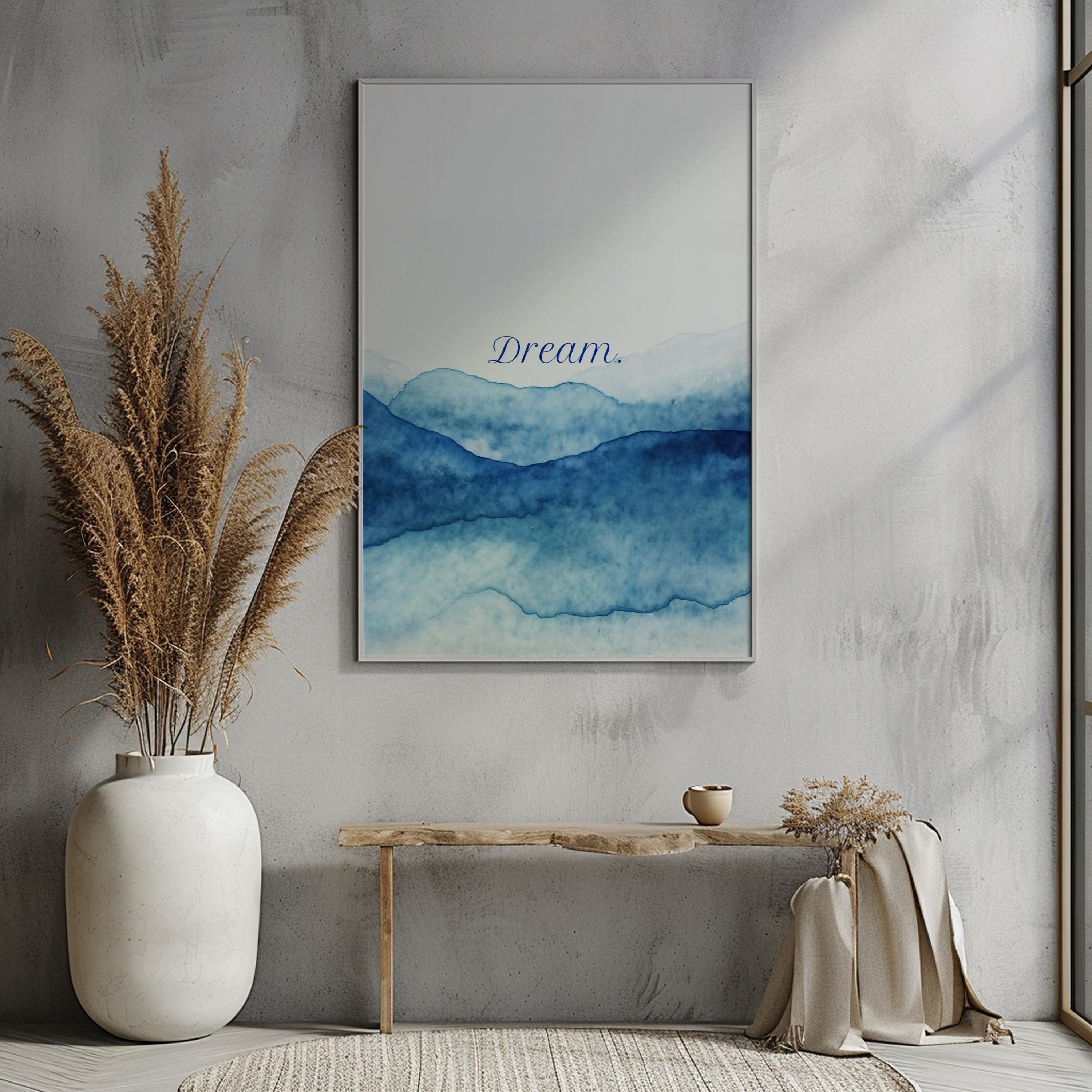 Wall Art Printable, Calm Dark Blue Waves, Dream, Living Room Decor ...