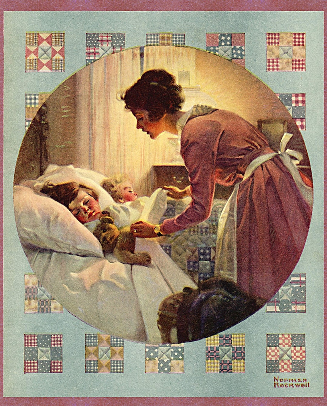 New Norman Rockwell Mother & Bed Time Digital Four Seasons 1 Yard Panel ...