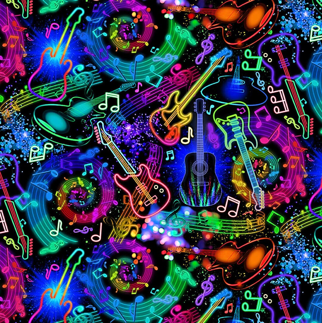 New - Black Neon Music Notes & Guitars - Rockstar - Timeless Treasures ...