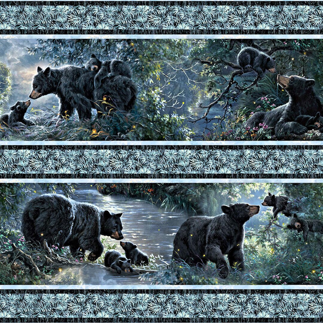 Moonlight Kisses Bear Border Stripe Naturescapes Northcott Fat Quarter ...