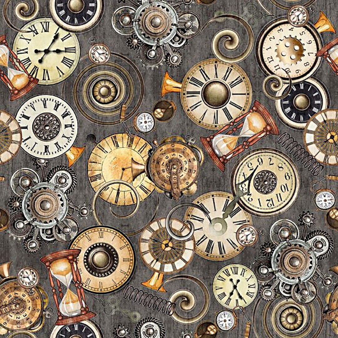 Steampunk Adventures Gray Clock Toss - QT Fabrics - Yardage - More ...