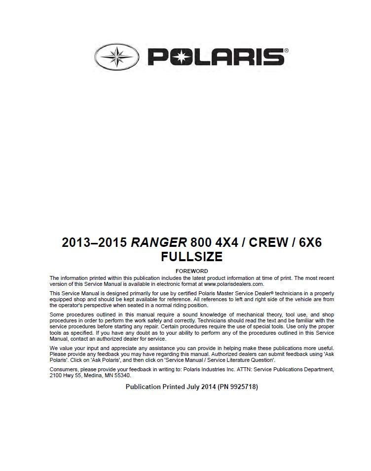 2013-2015 Polaris Ranger 800 4X4 | CREW | 6X6 Service Repair Manual - Etsy