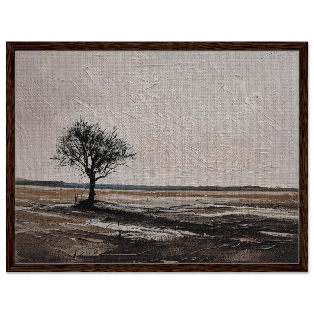 Lone Tree in Barren Landscape – Moody Minimalist Oil Effect Framed ...