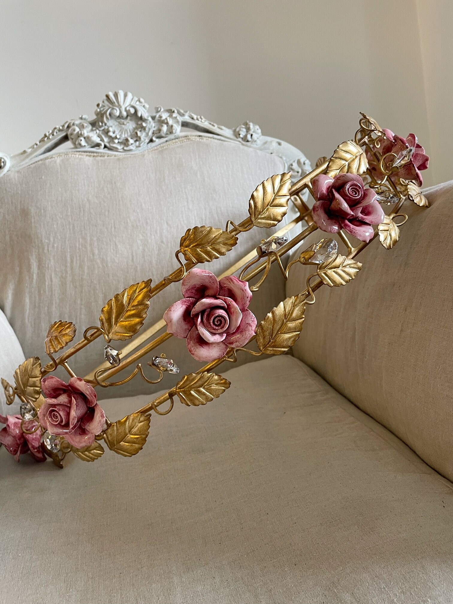 Made in Italy Gold Bed Canopy Wrought Iron and Pink Ceramic Roses and ...