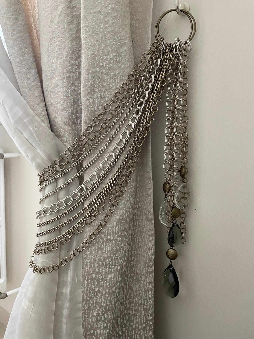 2 X Curtain Tiebacks, Antiqued Bronze and Silver Chains Drapery Holders ...