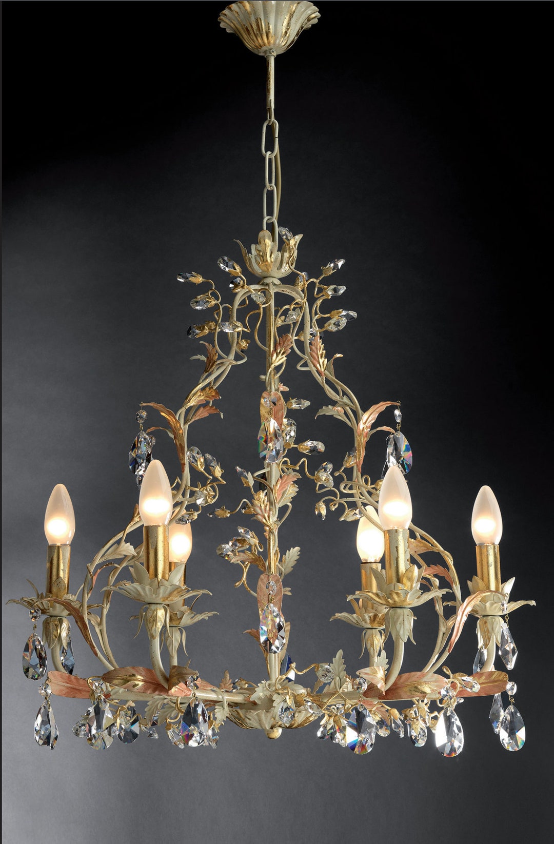 Gold Leaf Ivory and Salmon Pink Birdcage Crystal Chandelier, 6 Arms ...