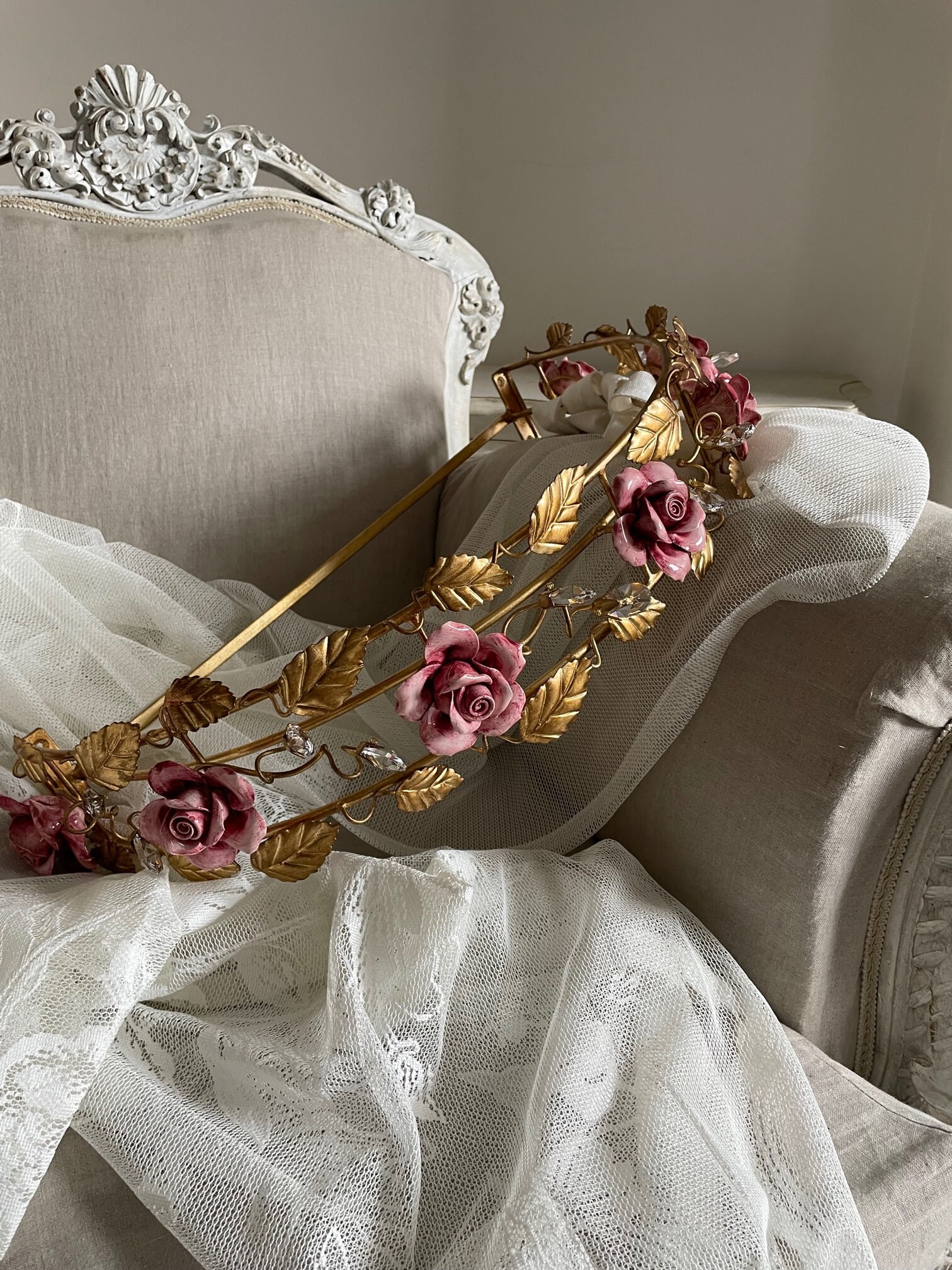Made in Italy Gold Bed Canopy Wrought Iron and Pink Ceramic Roses and ...