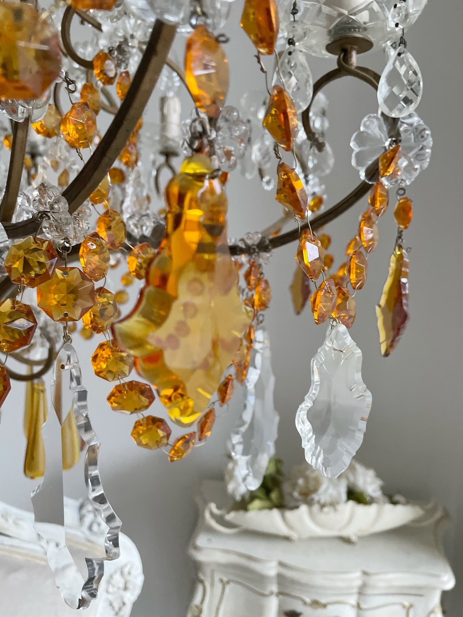 Italian Midcentury Crystal Chandelier, 17 Lights Topaz Drops and Rare ...