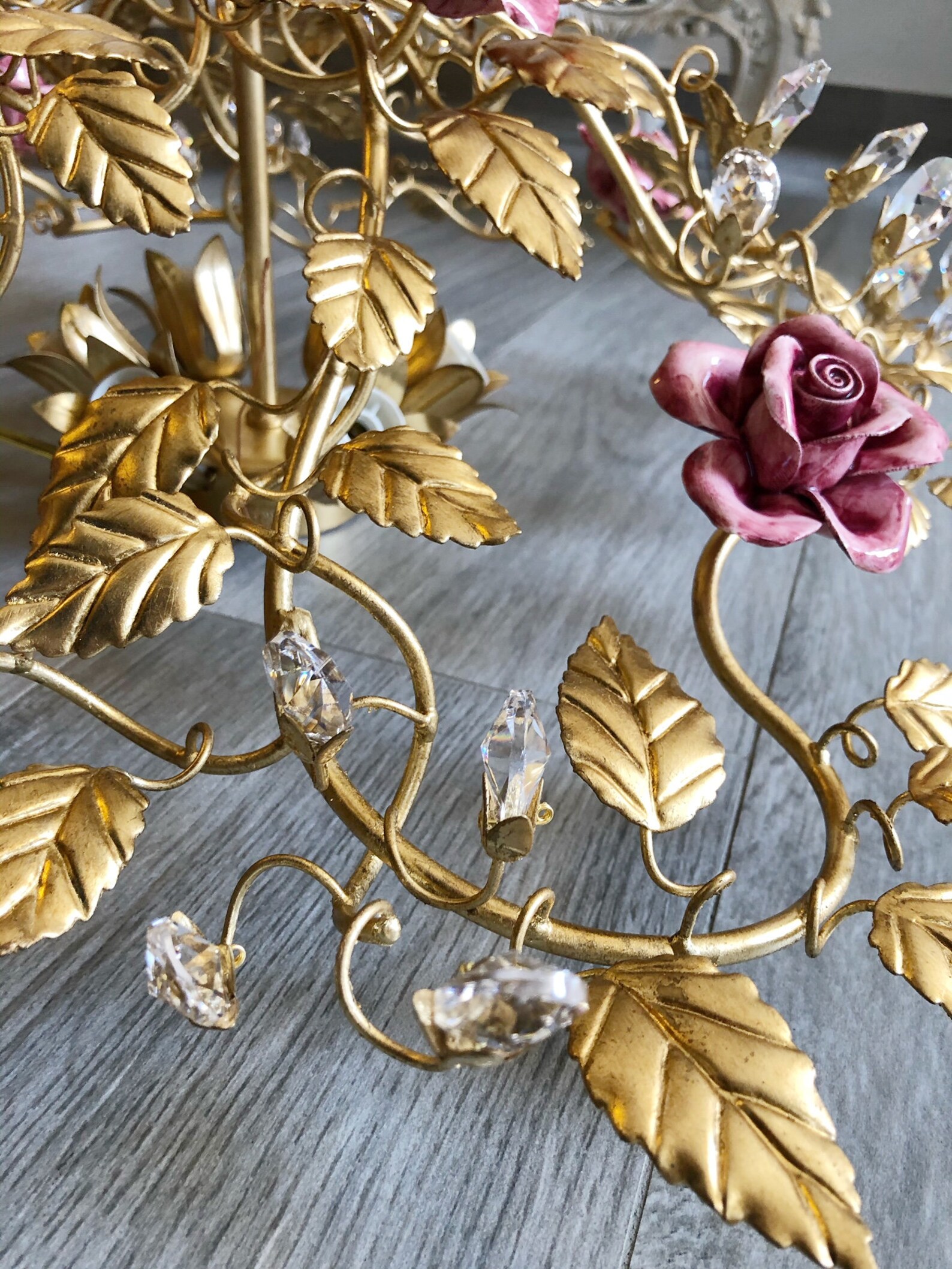 Gold Leaf Ceiling Lamp Ceramic Roses and Crystals 6 Lights - Etsy