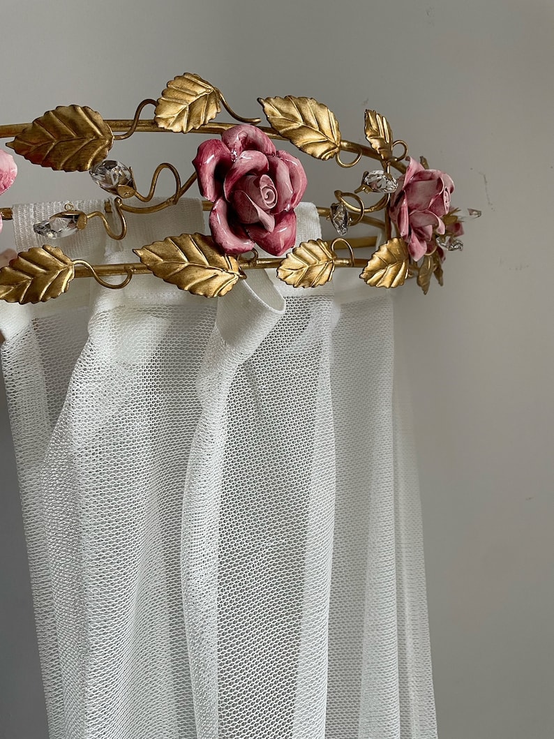Made in Italy Gold Bed Canopy Wrought Iron and Pink Ceramic Roses and ...