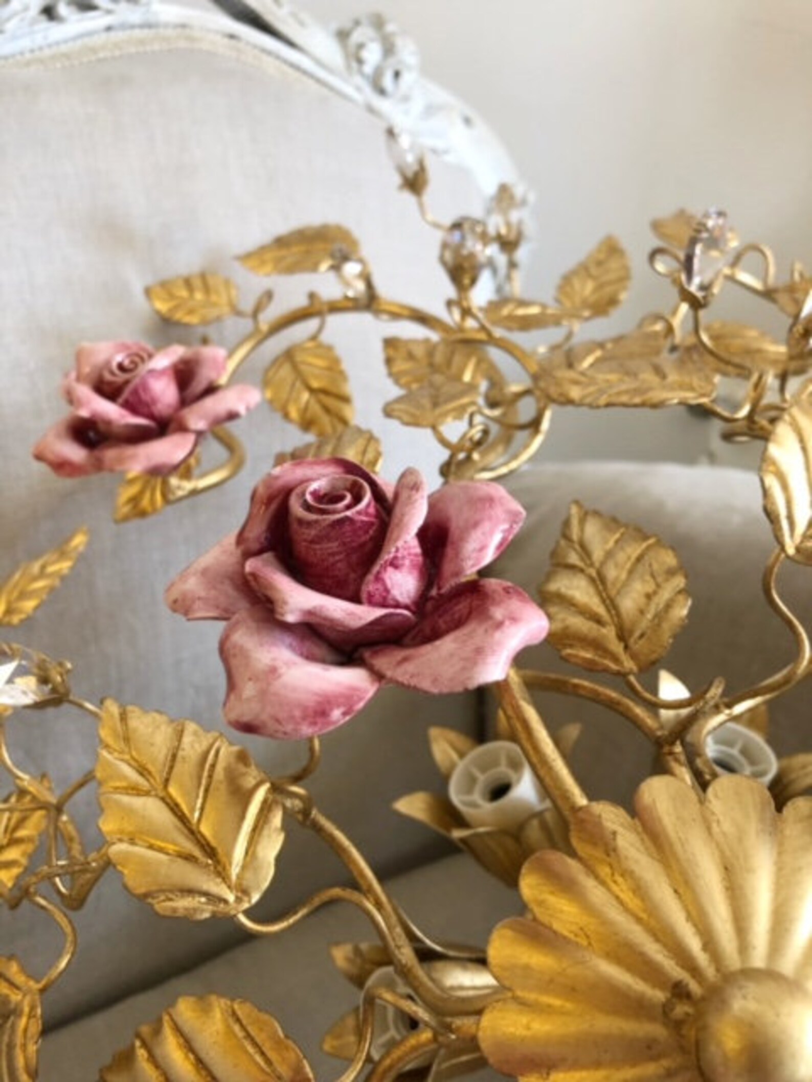 Gold Leaf Ceiling Lamp Ceramic Roses and Crystals 6 Lights - Etsy
