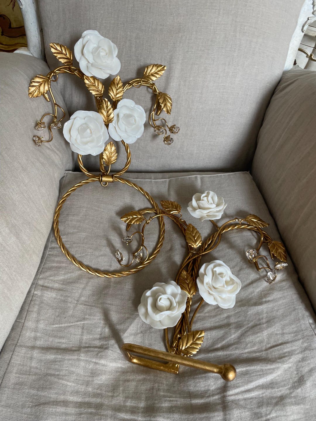 Luxury Bathroom Set of Gold Leaf Wrought Iron Towel and Toilet Paper Hangers Leaves White ...