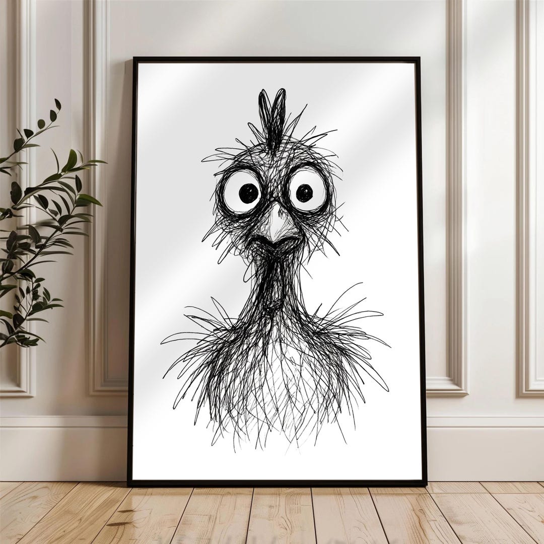 Scruffy Chicken Art Print: Funny Farm Animal, Black & White Line ...