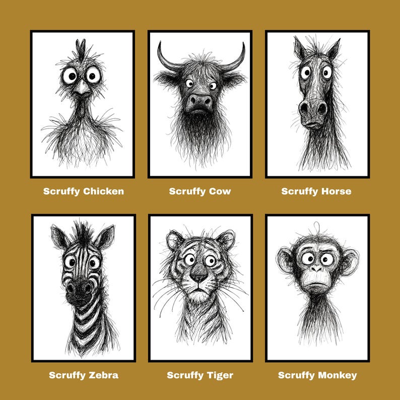 Scruffy Animals Sketch Art Prints, Quirky Black White Gallery Wall ...