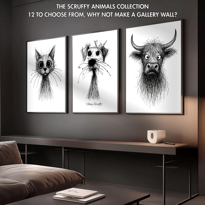 Scruffy Animals Sketch Art Prints, Quirky Black White Gallery Wall ...