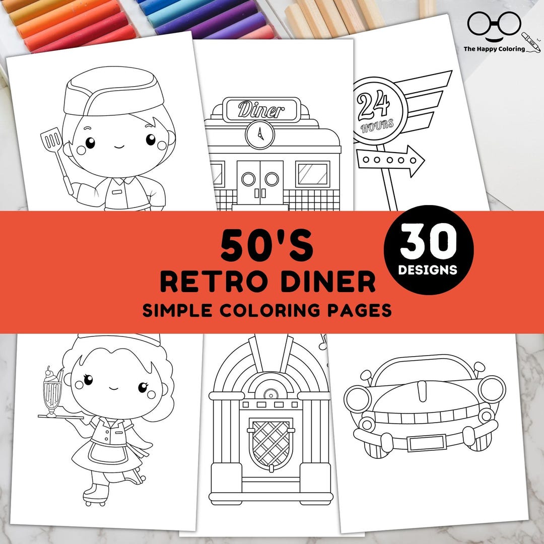 50’s Retro Diner Coloring Pages | 30 Printable Vintage Sheets for Kids ...