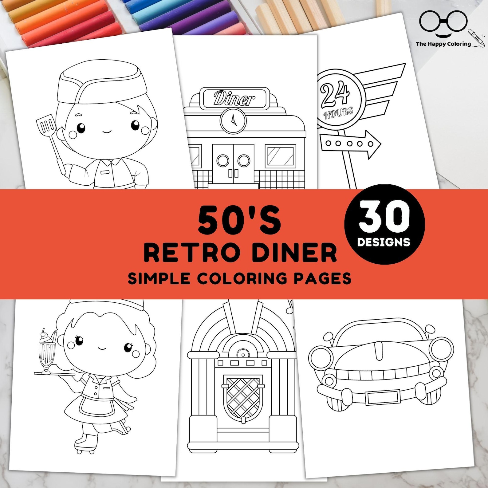 50’s Retro Diner Coloring Pages | 30 Printable Vintage Sheets for Kids ...