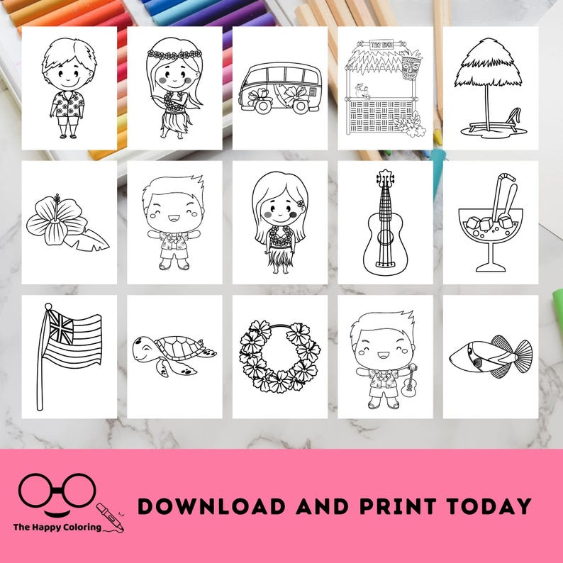 Hawaiian Coloring Pages | Printable Luau Tropical Beach and Flower ...