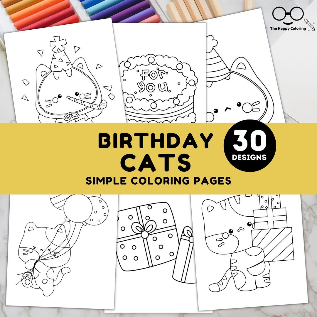 Birthday Cat Coloring Pages Printable Kawaii Kitten Party Sheets for ...