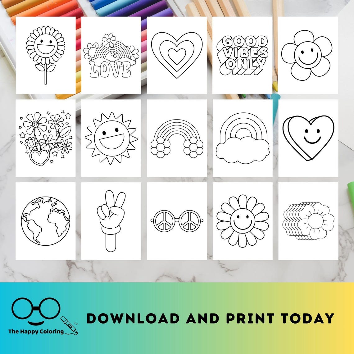 Groovy Coloring Pages Printable | 70s Retro Peace Sign and Flower Power ...