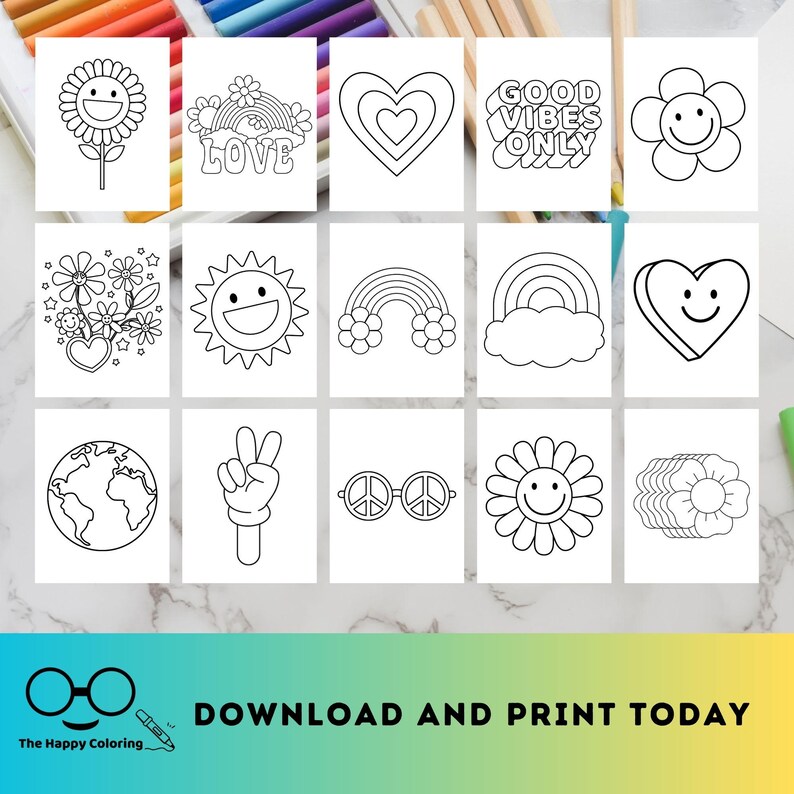 Groovy Coloring Pages Printable | 70s Retro Peace Sign and Flower Power ...