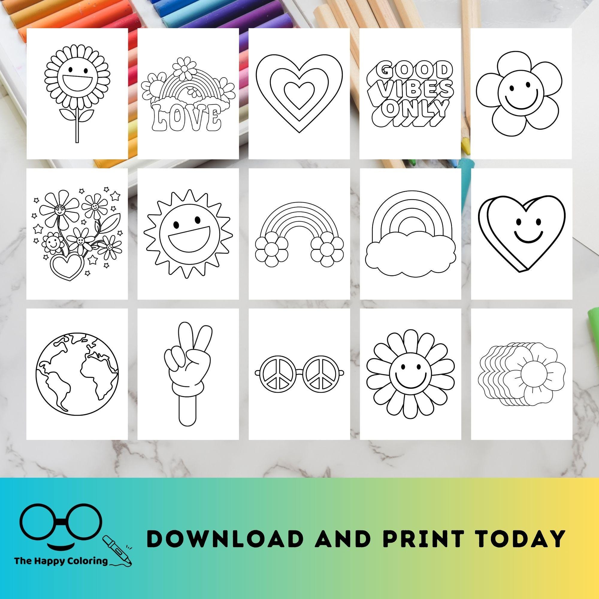 Groovy Coloring Pages Printable | 70s Retro Peace Sign and Flower Power ...