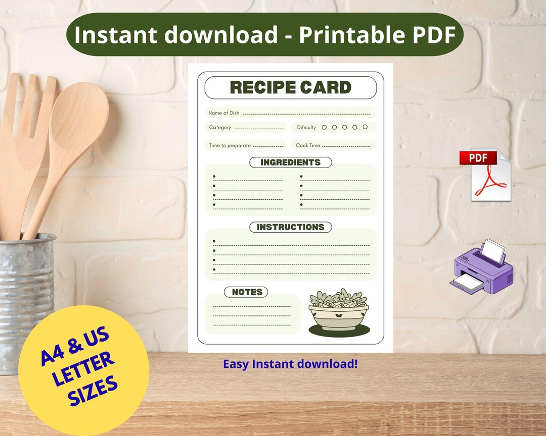 Printable Recipe Card - A4 & US Letter - Kitchen Recipe Template ...