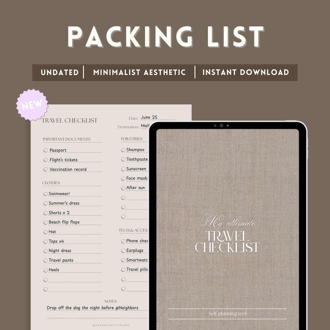 Travel Checklist Printable, Packing List Template, Digital Travel ...
