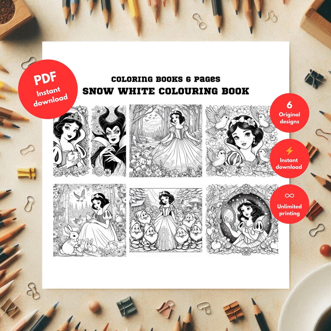 Snow White Princess Coloring Book 6 Pages - Original Designs - Snow ...