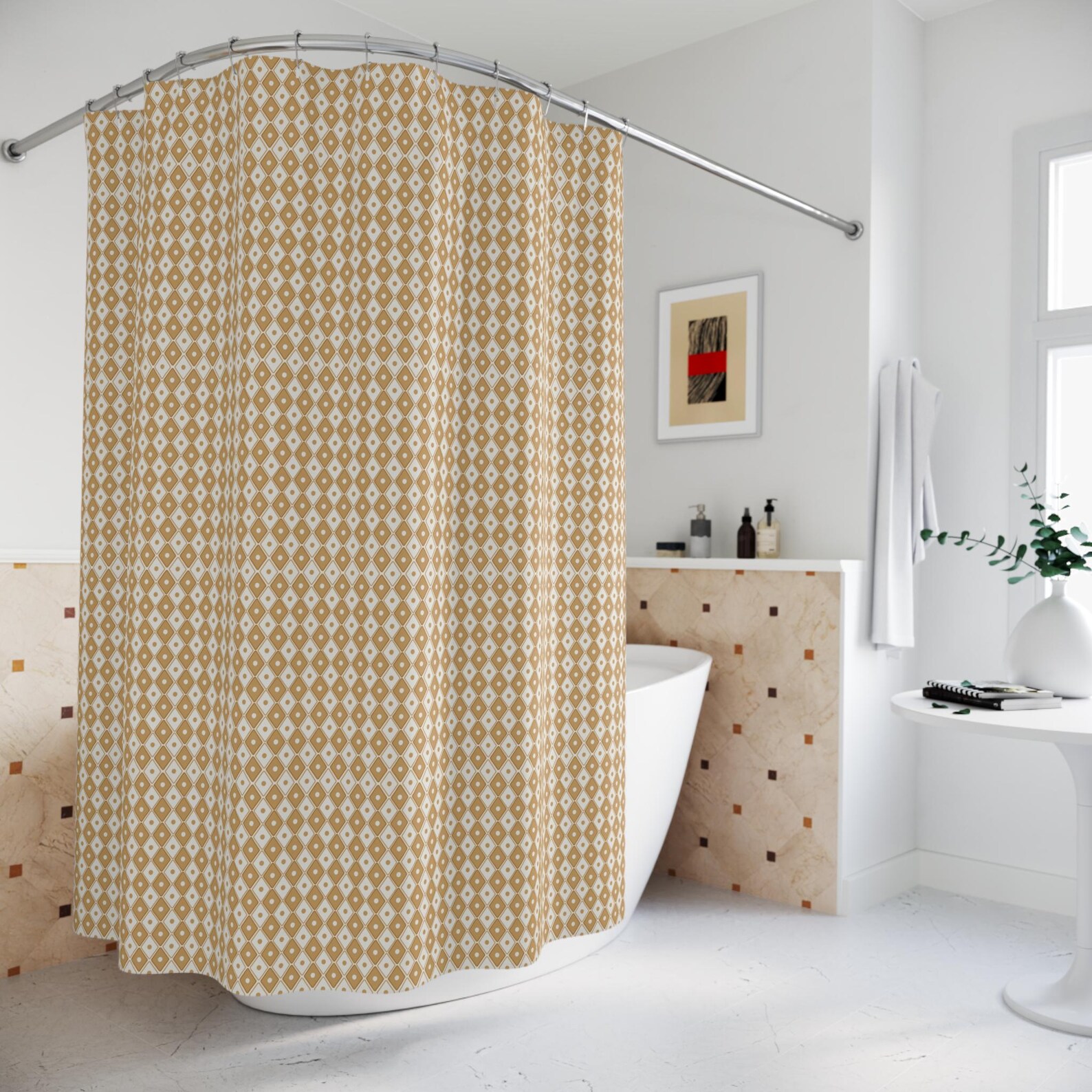 Mid Century Modern Retro Geometric Shower Curtain, Boho Bathroom Decor ...