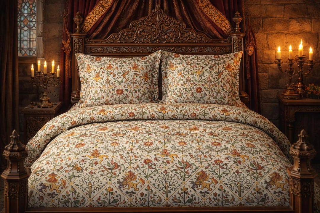 Medieval Lion and Dragon Cotton Duvet Cover, Gothic Castle Bedding ...