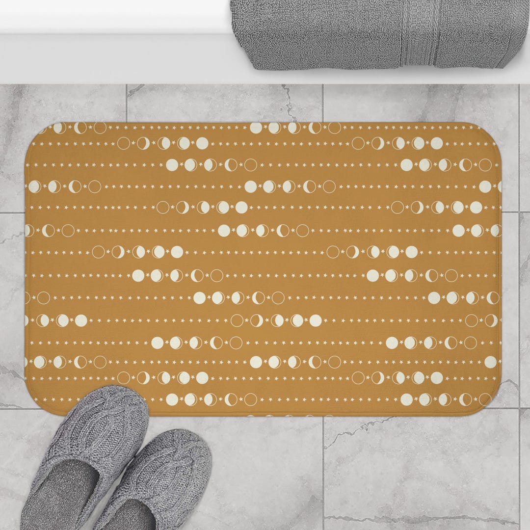 Celestial Moons Bath Mat, Boho Moon Phase Bathroom Decor, Mustard ...