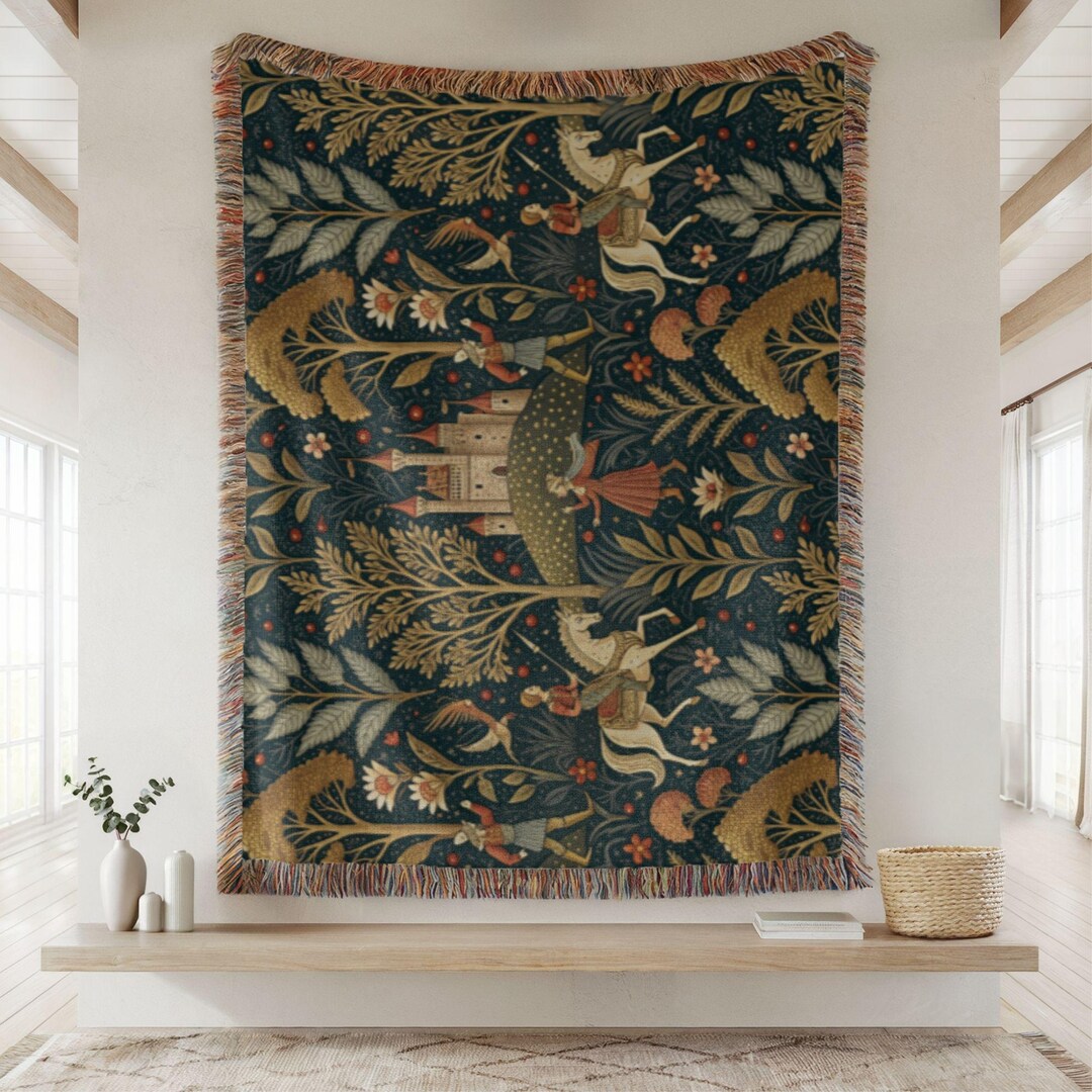 Medieval Storybook Woven Throw, Fairytale Castle Blanket, Forest Decor ...
