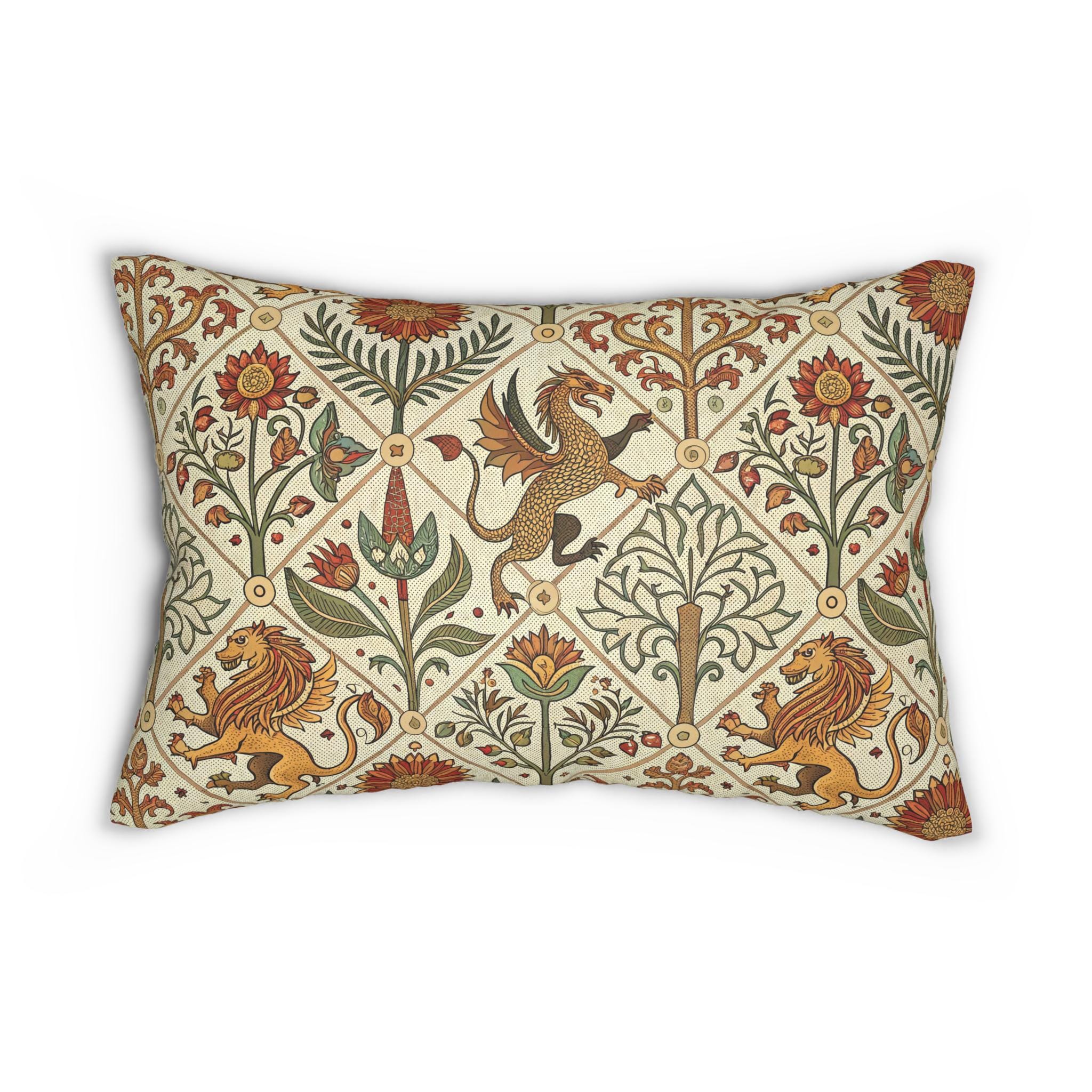 Medieval Lion and Dragon Lumbar Pillow, Tapestry Style Pillow, Medieval ...
