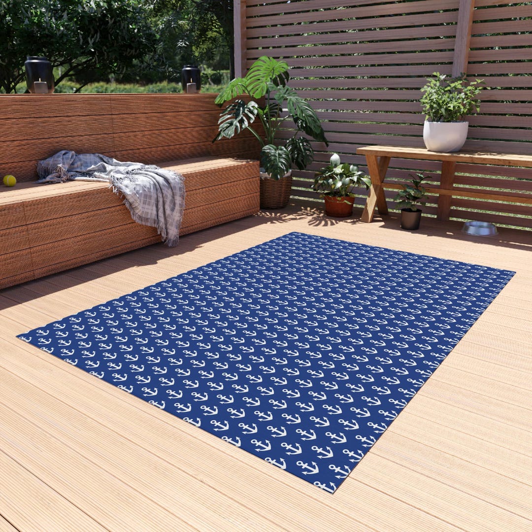 Nautical Anchor Outdoor Rug, Navy Blue Coastal Patio Mat, Marine Theme ...