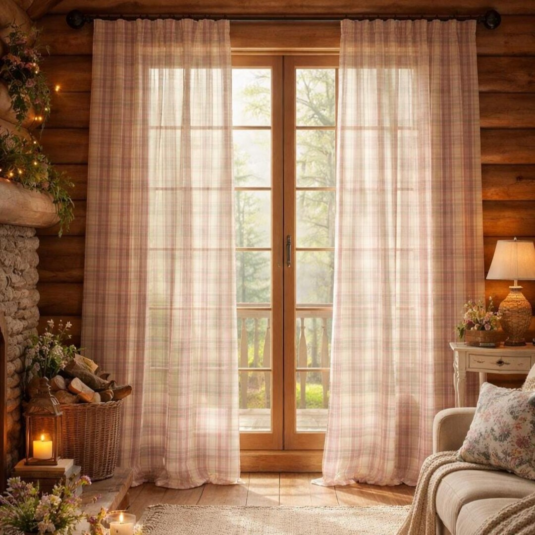 Cottage Plaid Sheer Curtain Panel | Woodland Cabin Window Curtain ...
