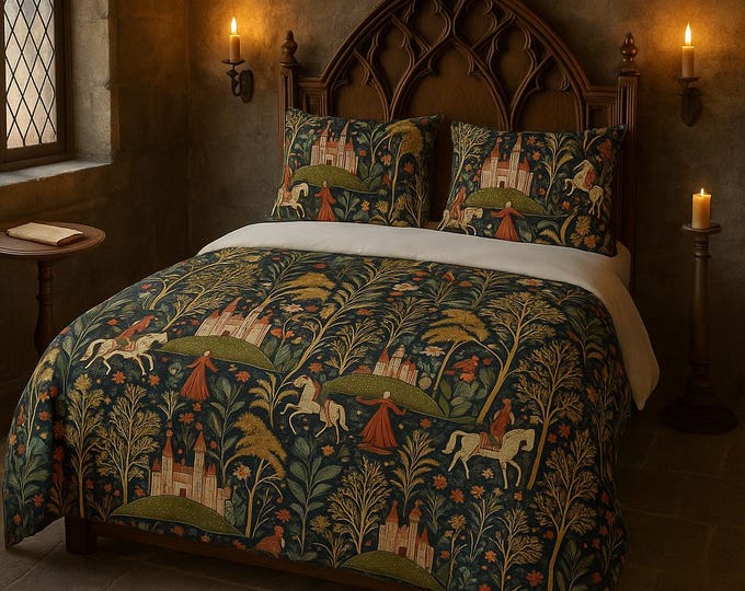 Enchanted Castle Duvet Cover, Medieval Unicorn Oeko-tex Cotton Bedding ...