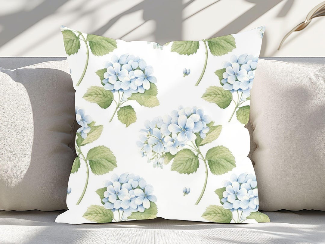 Blue Hydrangea Outdoor Pillow, Soft Blue & White, Floral Outdoor ...