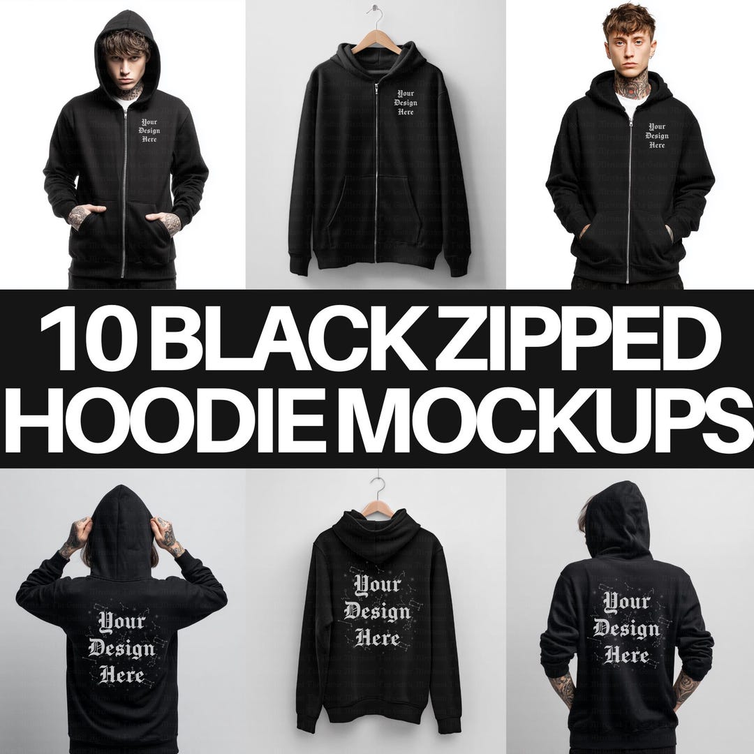 Black Zipped Hoodie Mockup Bundle: Alternative Male Models (PNG Digital ...