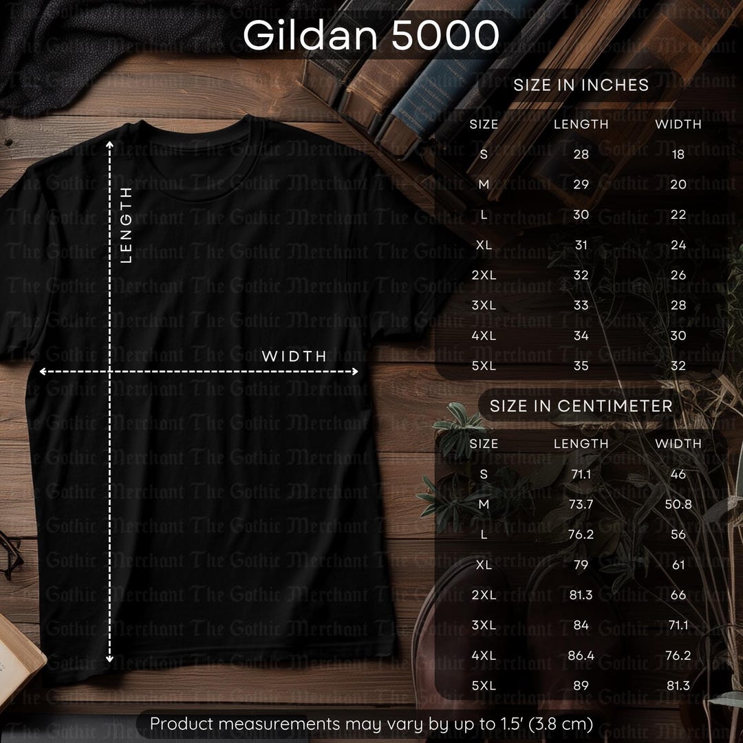 Gildan 5000 Size Chart, Care Instructions & Mockups: Dark Academia PNG ...