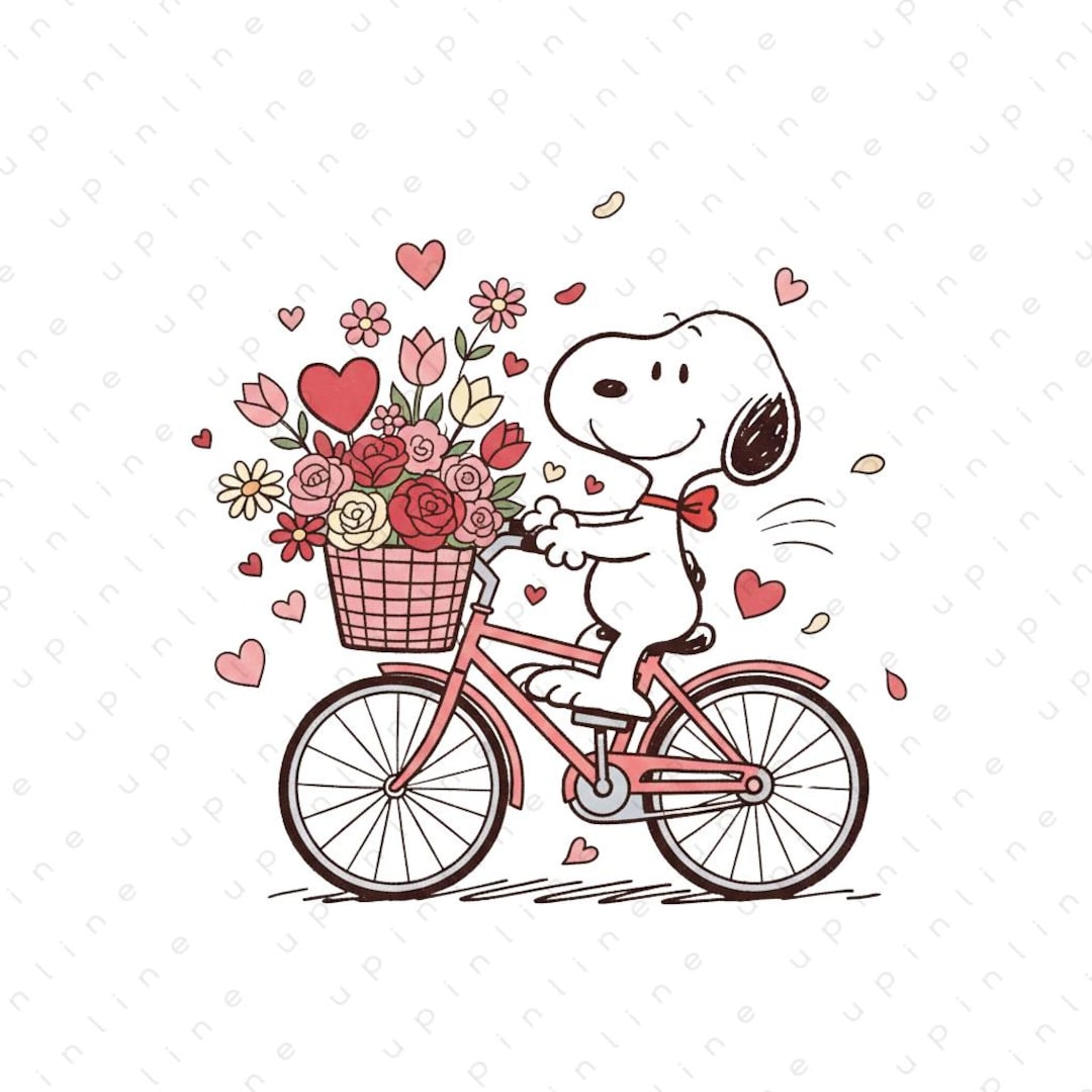 Snoopy Bicycle Illustration | Cute Romantic Cartoon Art | Flower Basket ...