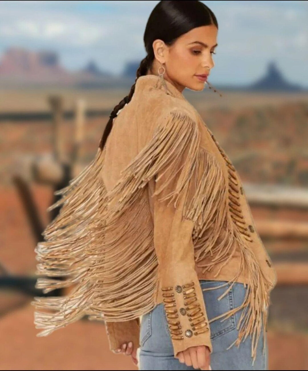 Women Western Wear Tan Brown Suede Leather Fringe Vintage Coat Jacket ...
